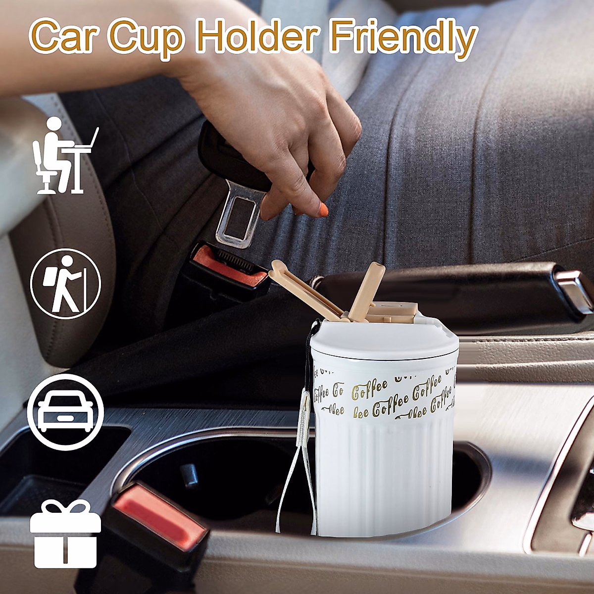 14oz Insulated Travel Tumblers with Lid and Straw, Travel Coffee Mug Stainless Steel Vacuum Thermos Cup, Leak Proof Reusable Cute Coffee Tumbler for Iced and Hot Drinks,White