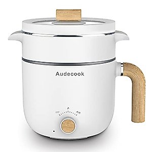 Audecook Hot Pot Electric with Steamer, 1.5L Portable Non-Stick Mini Rapid Ramen Cooker, Travel Multifunctional Electric Skillet with Dual Power Control for Pasta/Soup/Steak/Egg/Oatmeal (White)