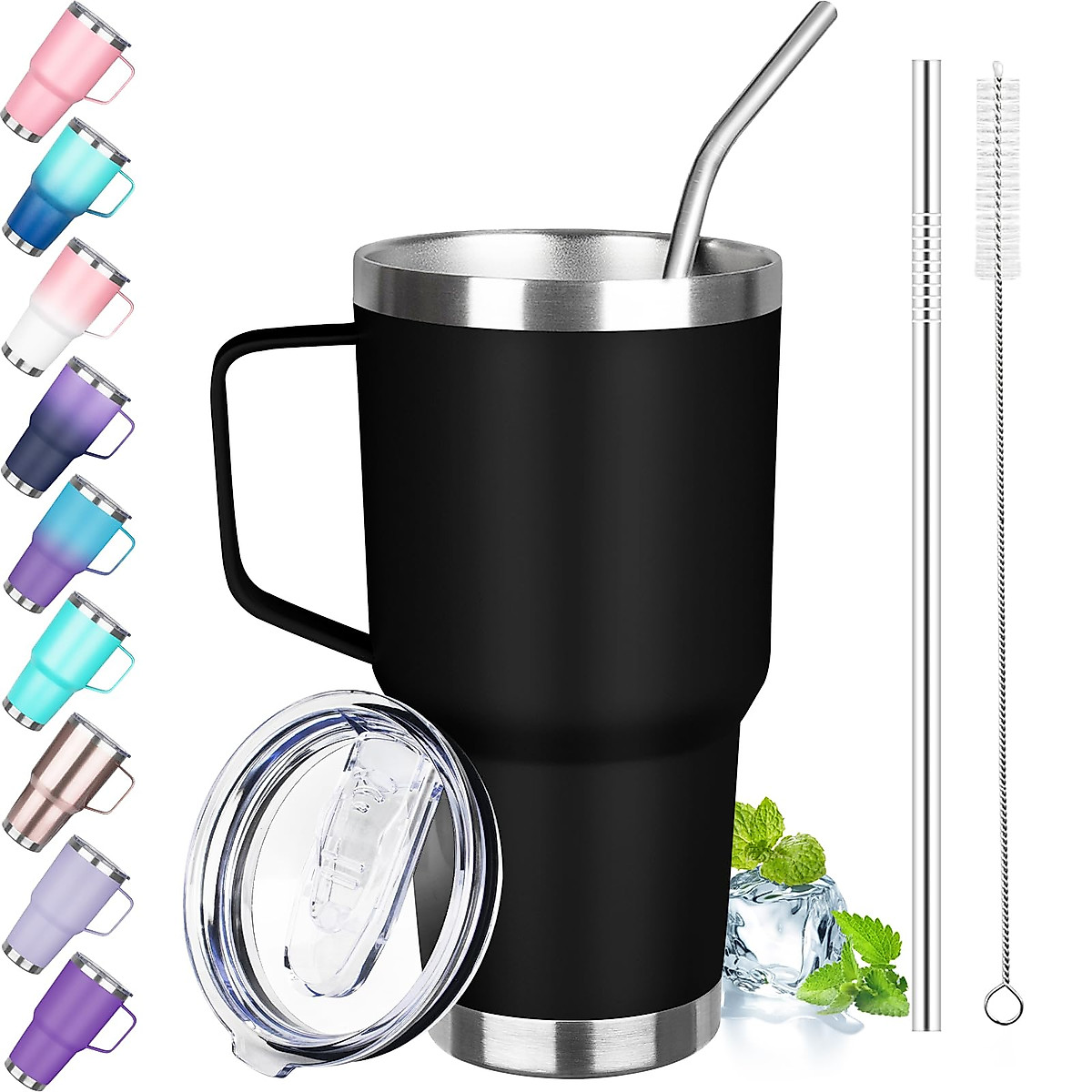 GUDEMAO 30 oz Tumbler with Handle, Stainless Steel Insulated Tumbler with Lid and Straw, Double Wall Vacuum Insulated Coffee Mug Tumbler, Insulated Coffee Thermal Cup for Cold and Hot (Black)