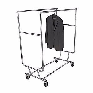 Econoco Double Hangrail Rolling Clothes Rack- Heavy Duty Collapsible Clothing Rack, Commercial Grade Clothing Display, Round Tubing Rolling Rack, Chrome
