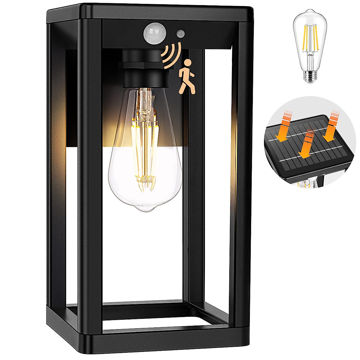 Solar Wall Light Outdoor, Motion Sensor Porch Light Fixture, Wireless Dusk to Dawn Exterior Wall Lantern with 3 Modes and LED Bulb, Waterproof Black Outside Wall Sconce for Front Door Patio Doorway