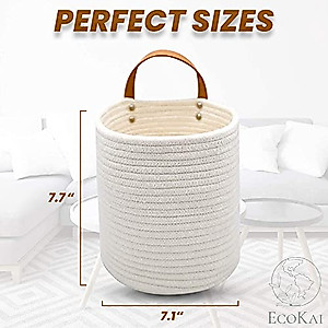 Storage Basket – Woven Basket 2 Pack – Cotton Blanket Baskets for Flowers, Plants, Keys, Sunglasses – Hanging Decorative Baskets with Choice of Rope or Leather Handles – Weaved Basket by Ecokai