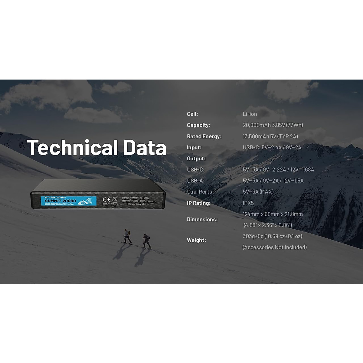 Nitecore Summit 20000 Power Bank, 20000mAh Low Temperature Fast Charging USB-C QC PD, Compatible with iPhone, iPad, Galaxy, Smartphones with a USB-C and a Lumentac Micro-USB Charging Cable