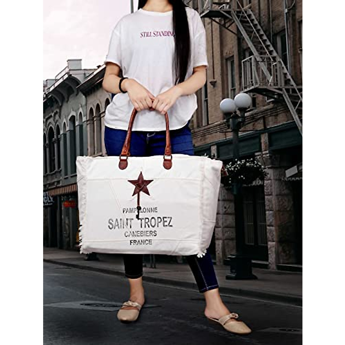 CLA 19 Inch Upcycle Canvas & Cowhide Leather Hobo Bag for Women, Canvas Beach Bag for Women, Canvas Tote Bag for Women, Canvas Weekend Bag for Women's