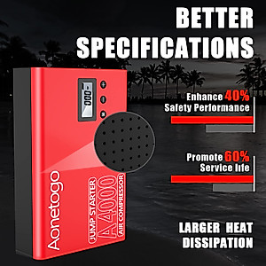 Jump Starter with Air Compressor, 2800A Peak 20000mAh Portable Battery Booster (Up to 8.5L Gas,7L Diesel Engines) with 100PSI Digital Tire Inflator,12V Car Lithium Battery Jump Box Pack Power Charger