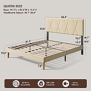 Gizoon Queen Bed Frame with Adjustable Velvet Headboard, Upholstered Platform Bed Frame with Sturdy Metal Frame, Wooden Slats, Noise-Free, No Box Spring Needed (Beige, Queen)