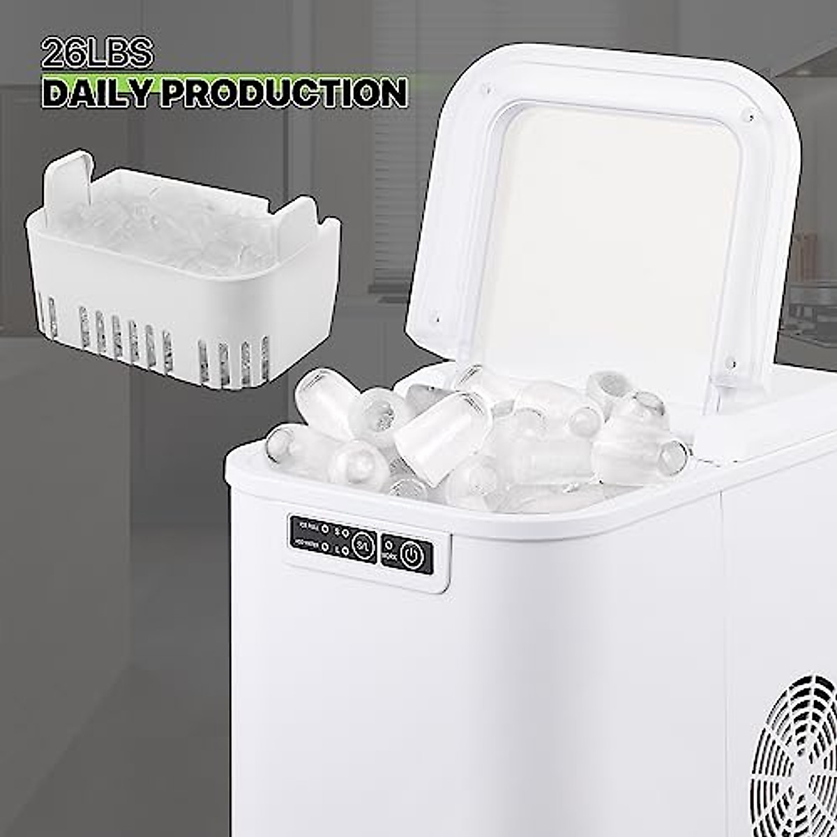 Magshion Ice Maker Countertop with Self-Cleaning, 26lbs/24H, Bullet-Shaped Ice (2 Sizes), Digital Display & Timer, 1.8lbs Ice Storage Capacity, Ice Cube Maker Machine for Home & Kitchen (White)