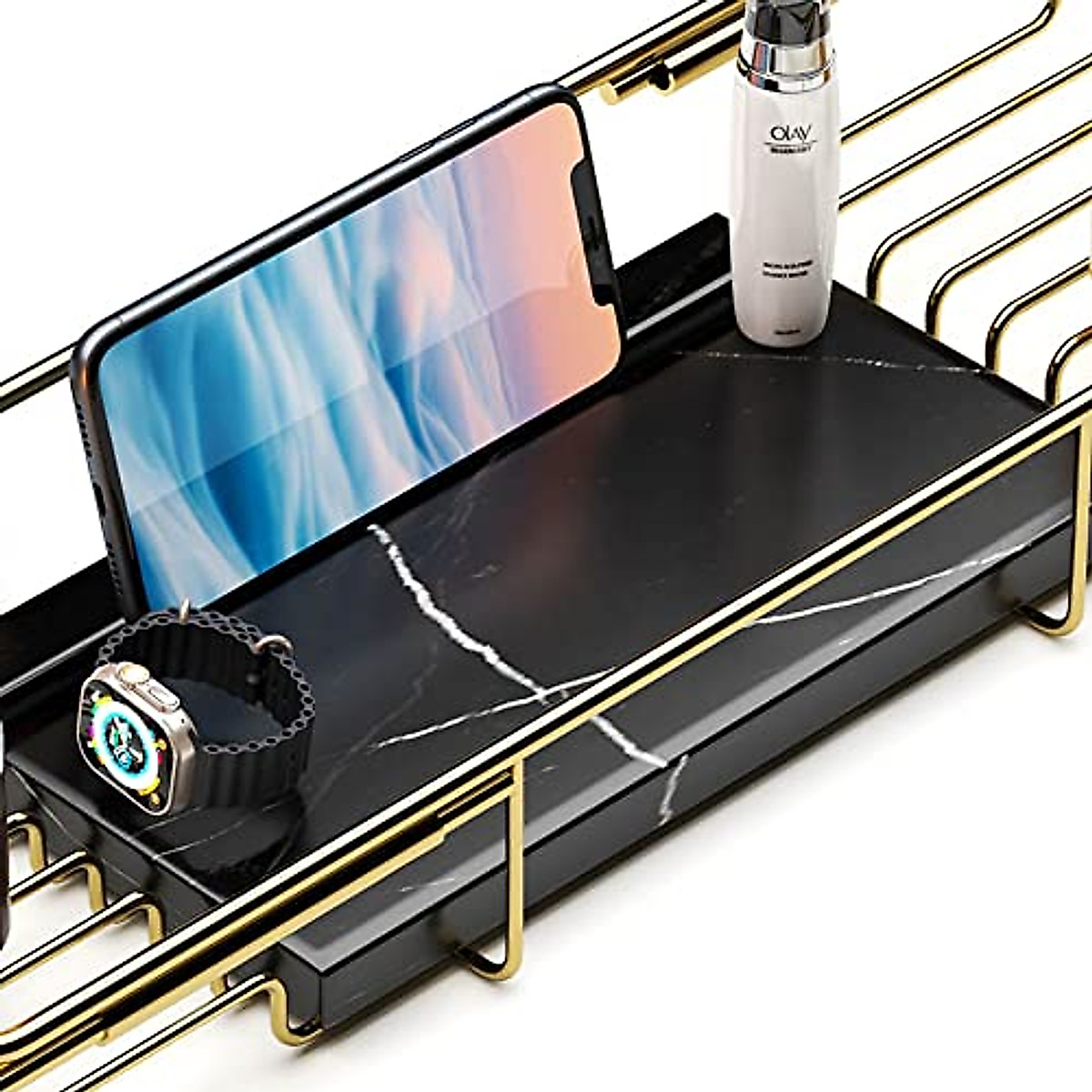 BAWOUA Bathtub Caddy Tray for Luxury Baths, Over Bathtub Racks with Marble(Black), Strong Expandable Chrome Polished Stainless Steel Brackets for Bath (Gold)