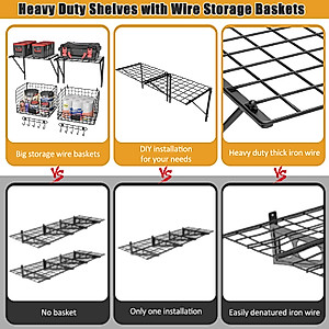ThreeHio 2 Pack Garage Shelves Wall Mounted with Wire baskets, Heavy Duty Garage Wall Shelving with Hooks, Wire Shelf Baskets Tool Organizer for Home Garden Garage Organization and Storage