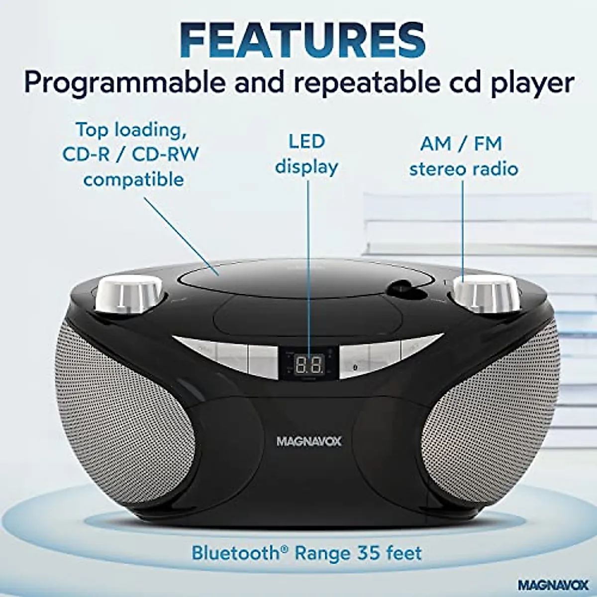 Magnavox MD6949-BK Portable Top Loading CD Boombox with AM/FM Stereo Radio and Bluetooth Wireless Technology in Black | CD-R/CD-RW Compatible | LED Display |