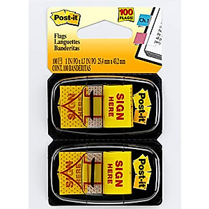 Post-it Message Flags, "Sign Here", 50/Dispenser, 2 Dispensers/Pack, 1 in Wide, Yellow (680-SH2)