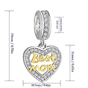 ENJOOOY Sterling Silver Mother Charm Best Mom Charm Pendant with 24k Gold Plating Heart Love Charm Bead fit Women Charm Bracelets