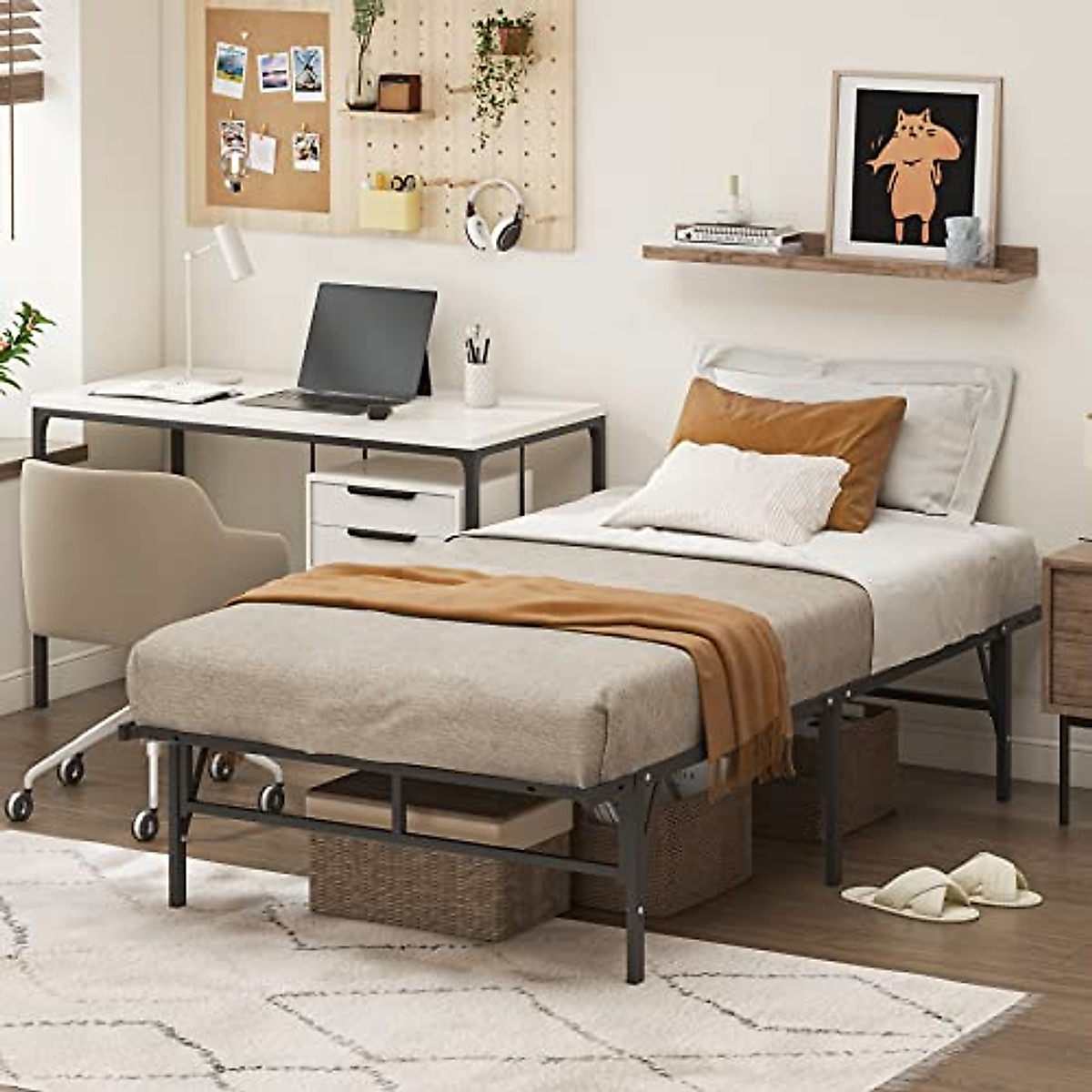 Saudism Metal Platform Bed Frame Twin Size, 14 Inch Black Bed Frame, Mattress Foundation, No Box Spring Needed, Easy Assembly and Storage, Foldable, Steel Slat Support, Twin