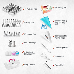 90PCs Russian Piping Tips Complete Set - Christmas Cake Piping Bags and Tips Set, Cookie, Cupcake & Cake Decorating Kit Baking Supplies-Cake Frosting Tools,25 Russian Tips,23 Icing Tips,31 Pastry Bags