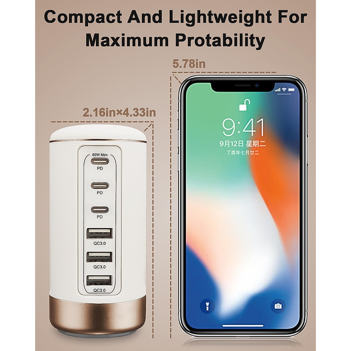 60W USB-C Charging Station for Multiple Devices, Universal 20W USB-C & 18W USB Charging Hub, Smart IC Identification Technology Charging Tower for iPhone iPad Tablets Smartphones, Home Office Use