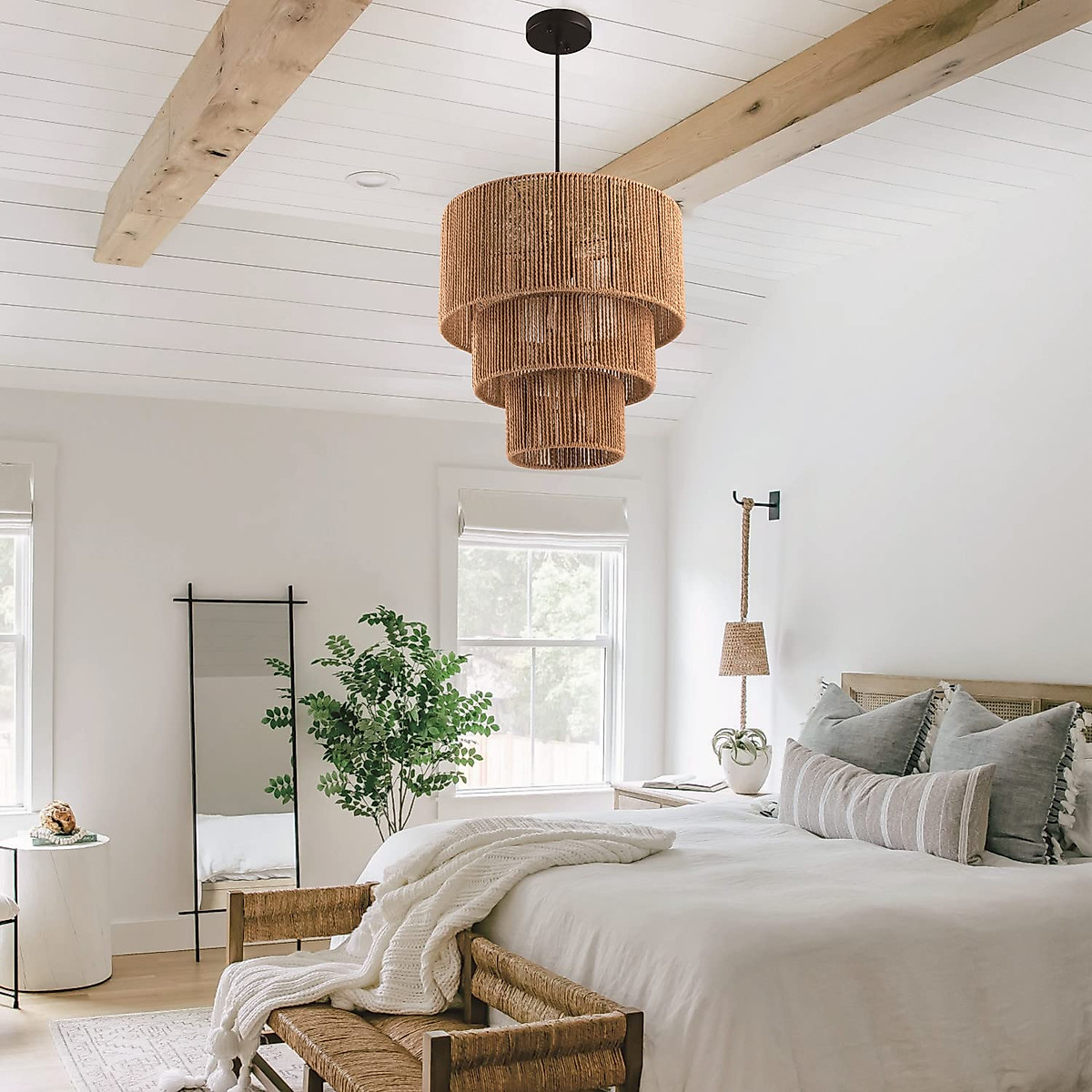 c cattleya 3-Tiered Large Farmhouse Chandelier Lighting, Natural Paper Rope Hanging Pendant Lights, Hand-woven Ceiling Light Fixture Chandeliers for Kitchen Dining Room Bedroom Hallway Entryway