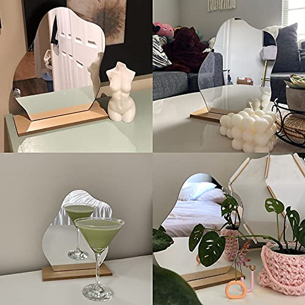 G.Dori Irregular Aesthetic Vanity Mirror Frameless, Decorative Desk Tabletop Acrylic Mirrors with Wooden Stand for Living Room, Bedroom, Office and Minimal Spaces Home Decor - Cloud Shape