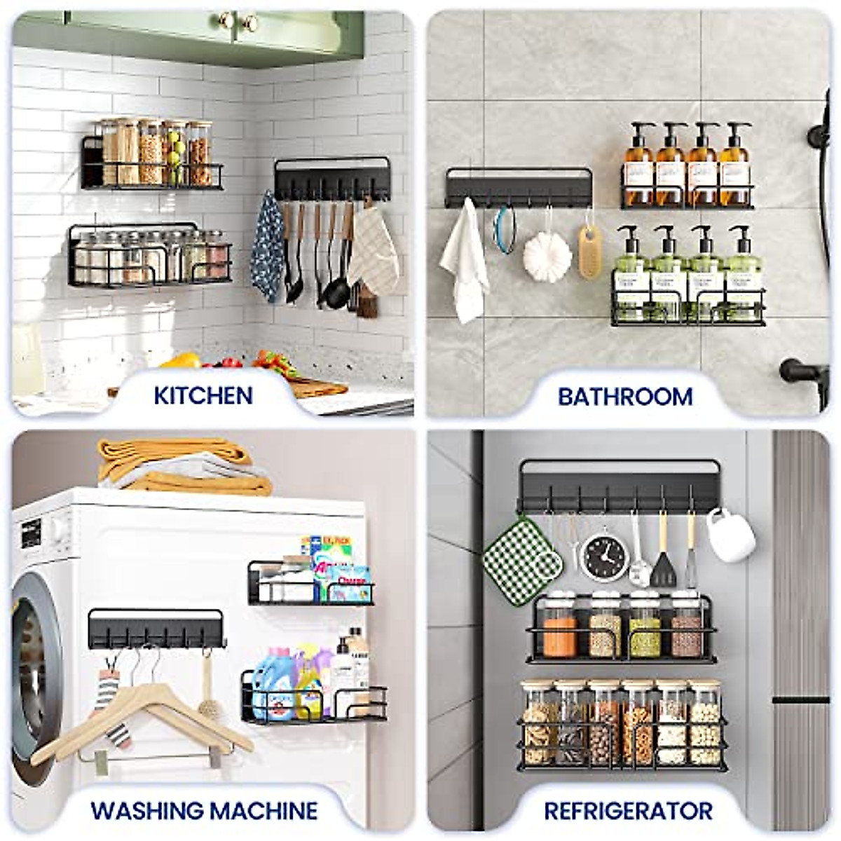 SEIRIONE Magnetic Spice Racks for Refrigerator with 8-Hook Rack,3-Piece Set Seasoning Organizer,2 In 1 Design Spice Rack Organizer,Soid Magnetic Shelf as Seasoning Rack for Kitchen, Bathroom,Laundry