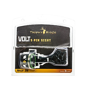 Trophy Ridge Volt 5 Pin Archery Bow Ambidextrous Sight - 5 Ultra-Bright Horizontal .019 Fiber Optic Pins, Bubble Level, Green Hood Accent for Quicker Sight Acquisition, Fiber Wrapped Pin Guard