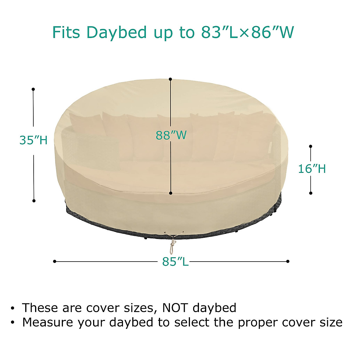 SunPatio Round Patio Daybed Cover 88 Inch, Heavy Duty Waterproof Outdoor Canopy Daybed Sofa Cover with Taped Seam, 88" L x 85" W x 35"/16" H, All Weather Protection, Beige