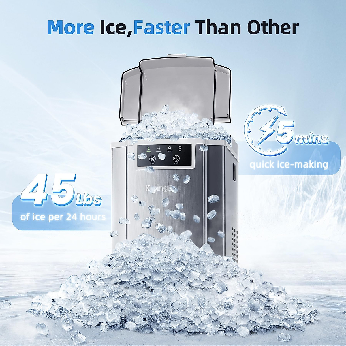 KaringBee Nugget Ice Maker Countertop - 45lbs/24H, 5mins Making Soft Chewable Pellet Ice - Self-Cleaning, Sonic Ice, Pebble Ice Machine for Home Kitchen, Office - Stainless Steel