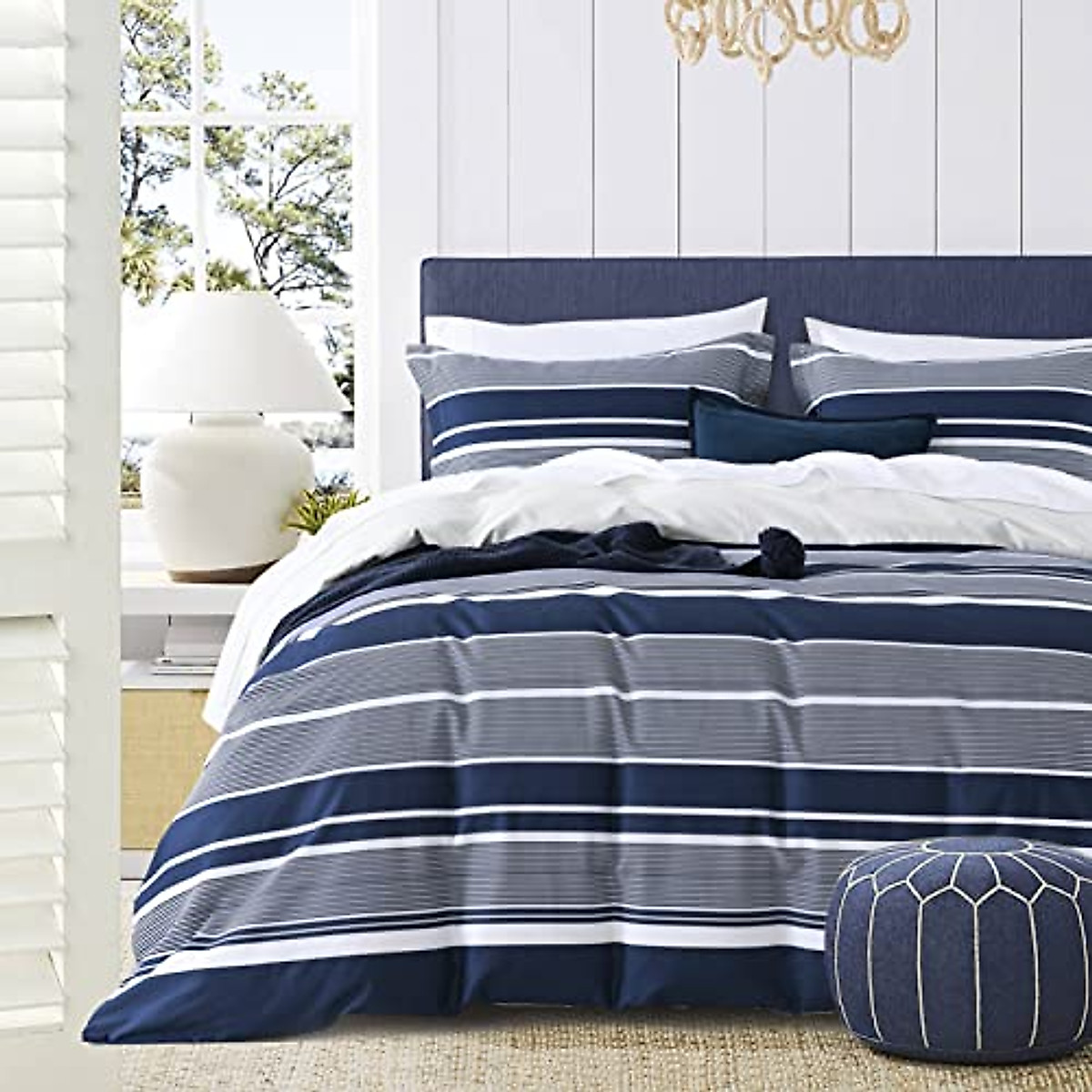 Duvet Cover Set - 100% Cotton,King Size,3 Piece Navy Striped , Simple Modern Farmhouse with Zipper Closure