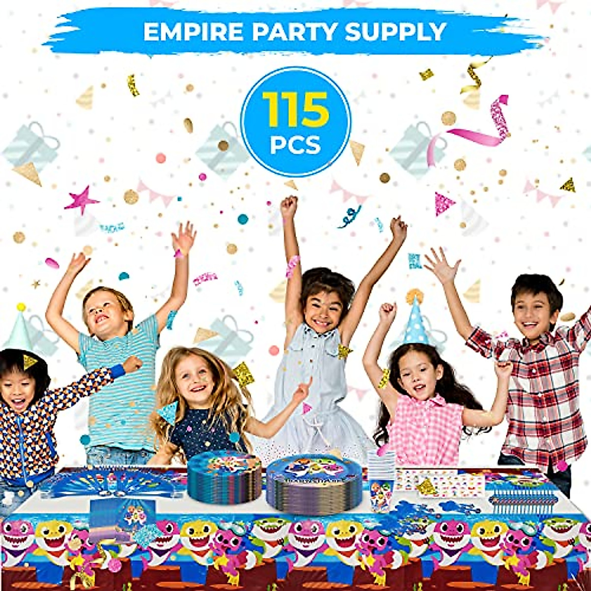 Empire Party Supply Baby Shark Theme Birthday Party Supplies and Decorations Set for Boys | 115 Pcs Disposable Blue Baby Shark Party Kit Includes Plates, Spoons, Cups, Napkins | Serves 16 Guests