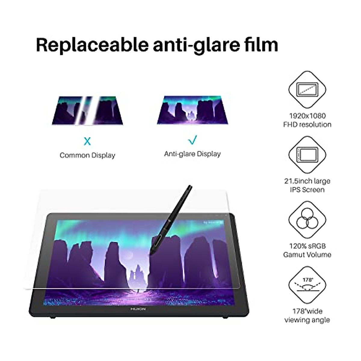 HUION KAMVAS 22 Graphics Drawing Tablet with Screen 120% sRGB PW517 Battery-Free Stylus Adjustable Stand, 21.5inch Pen Display for Windows PC, Mac, Android