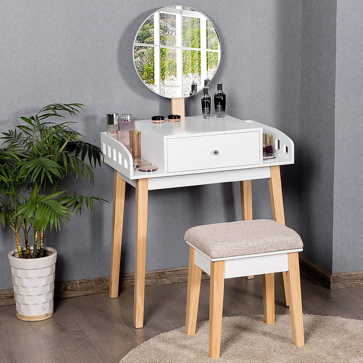 GOFLAME Vanity Dressing Table Set with Cushioned Stool & Height-Adjustable Large Mirror, Makeup Dressing Table Desk with Large Drawer for Home Office Bedroom Contemporary Vanity Table Desk, White