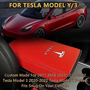 WUDUWUKA Car Armrest Cover for Tesla Model 3/Y PU Leather Center Console Cover for Tesla Waterproof Auto Armrest Box Cover Decoration Interior for Model 3 2017-2023 or Model Y 2020-2023-Red