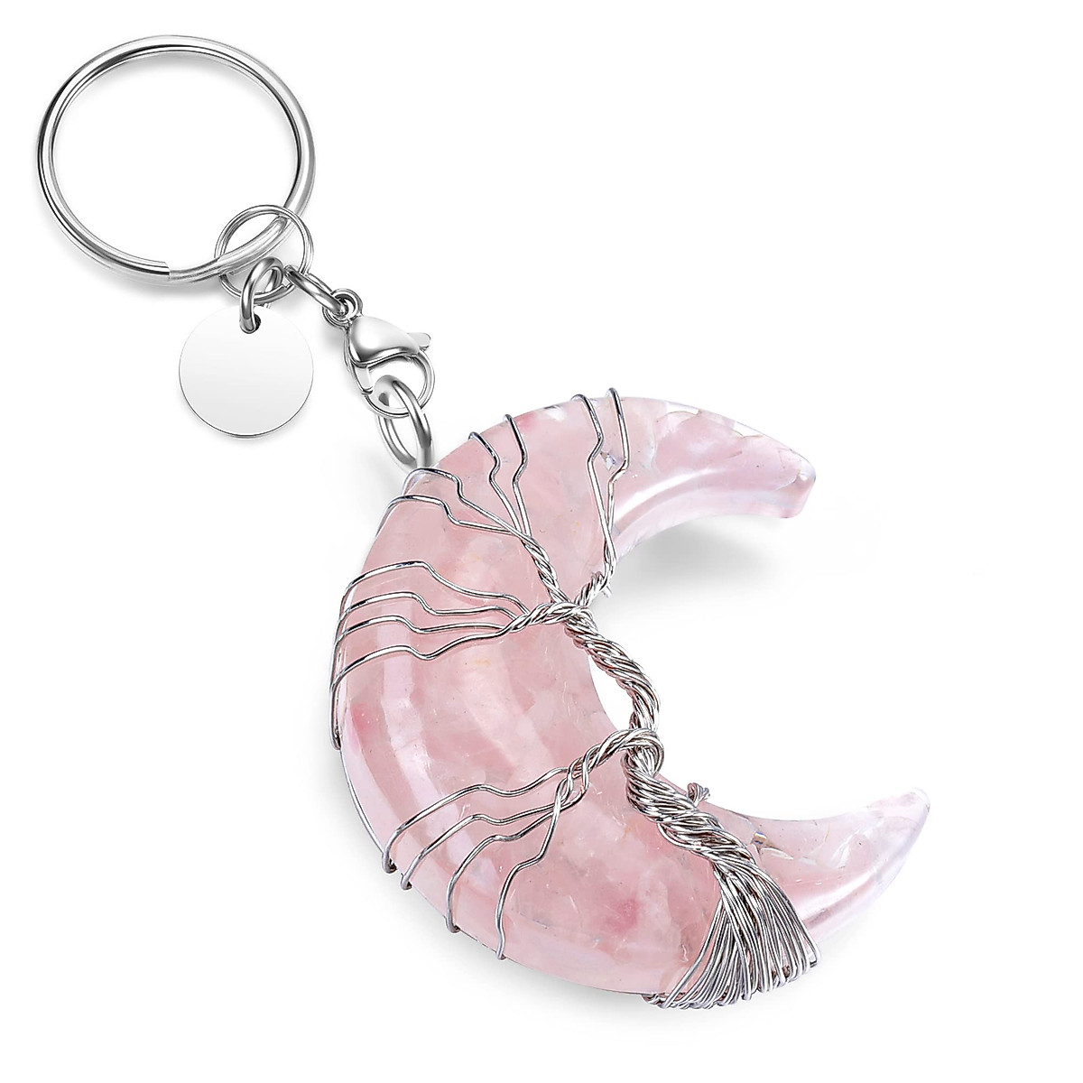 Top Plaza Rose Quartz Crystals Stones Keychain Life Tree Wire Wrapped Crescent Moon Keychain Natural Healing Gemstones Keychain Keyring for Women Mom Birthday Mother’s Day Gifts