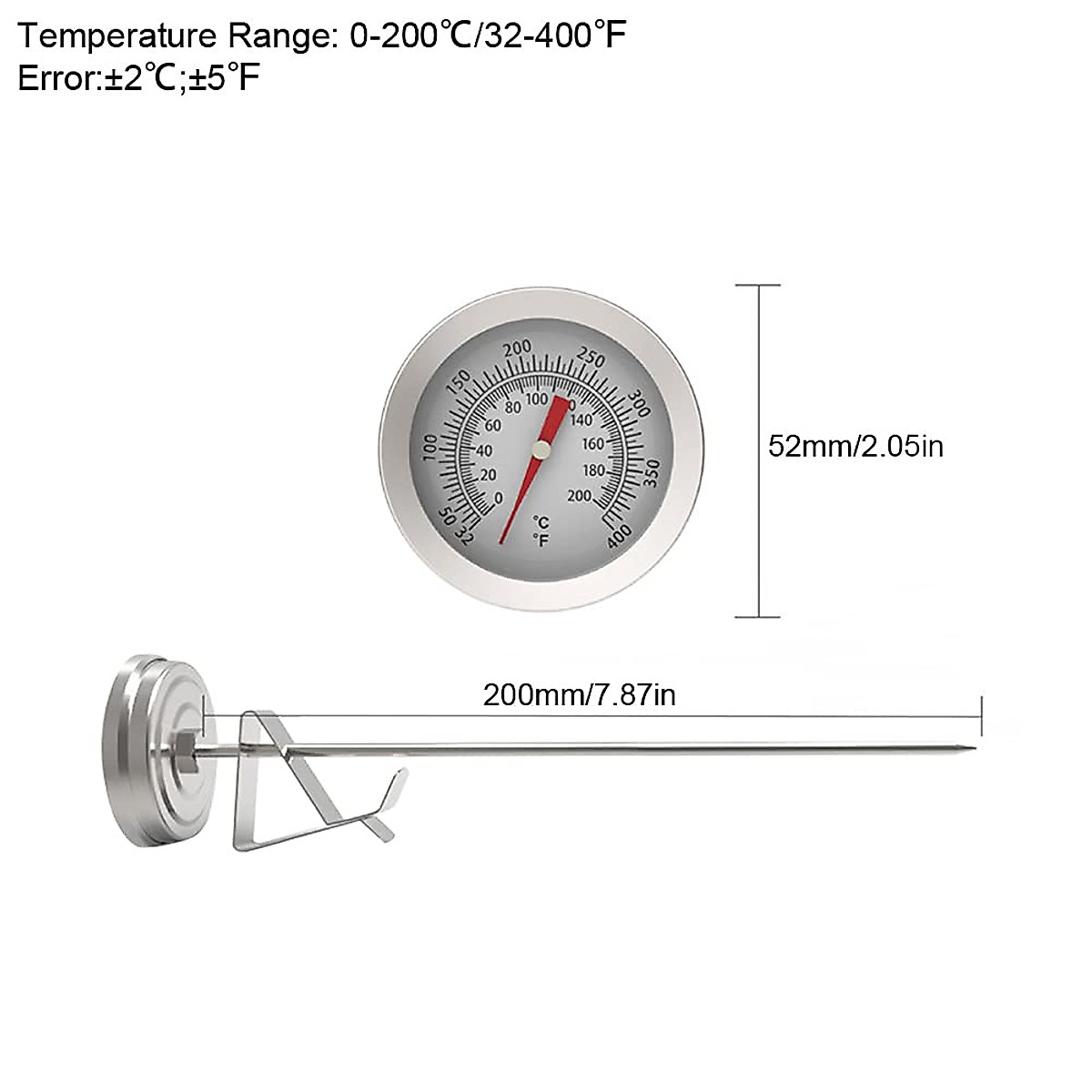 Deep Fry Thermometer Mechanical Meat Thermometer for Deep Fry, Grilling Dial Thermometer Stainless Steel Stem Meat Cooking Thermometer with Adjustable Pot Clip(Size:200 mm)