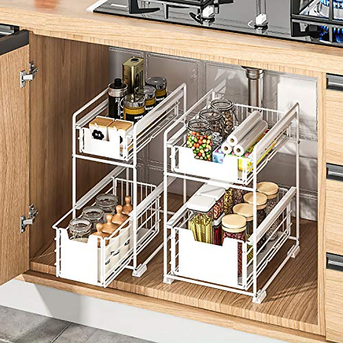 Moxeay Metal Basket Organizer 2-Tier Under Sink Cabinet Organizer with Sliding Storage Drawer, Stackable Basket Rack for Kitchen & Bathroom