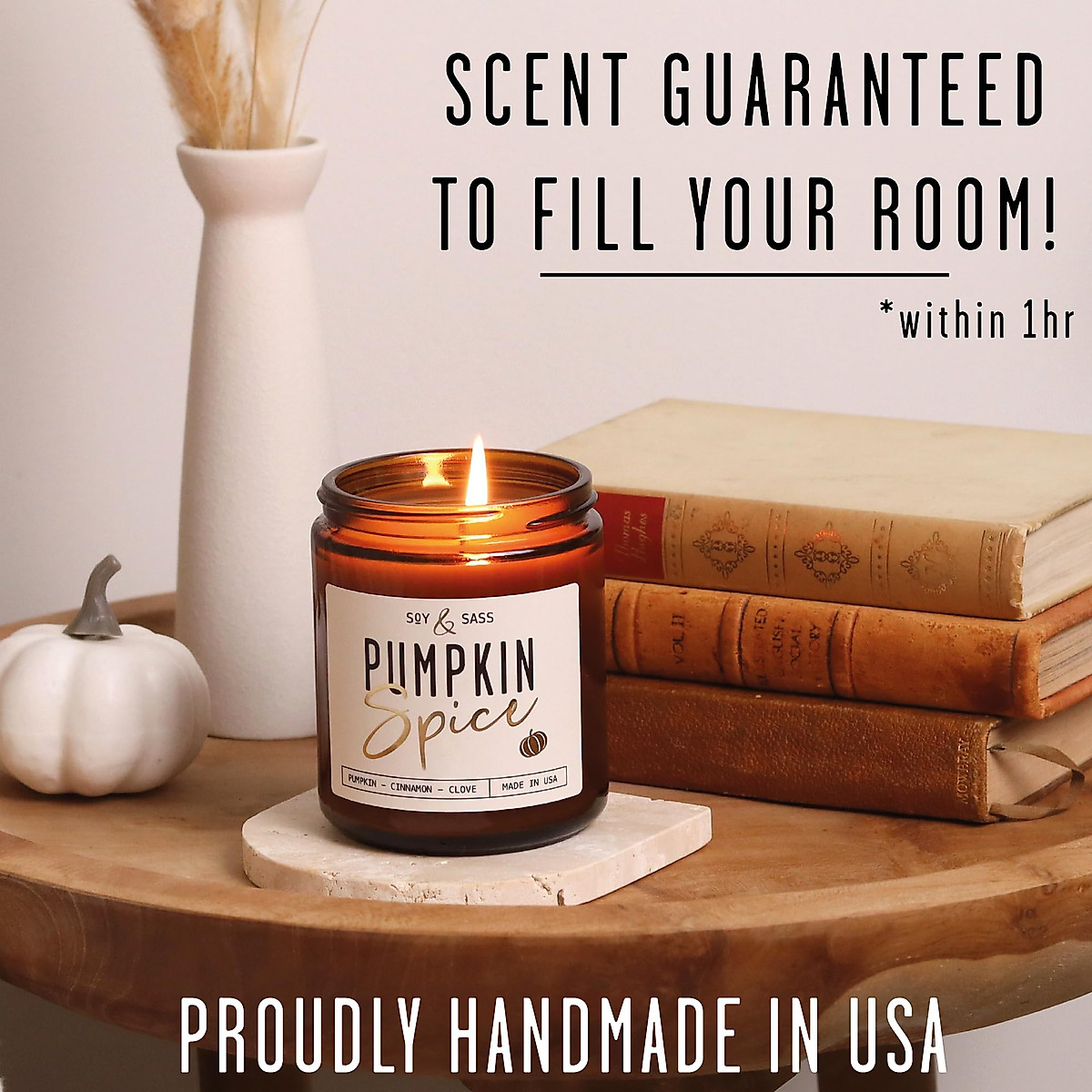 Pumpkin Spice Candle, Fall Candles - 'Pumpkin Spice' Pumpkin Candle, Autumn Scented Soy Candles for Home, Fall Scented Candles for Home, Fall Home Décor, 9oz Reusable Jar, 50Hr Burn, Made in USA