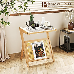Bamworld Rattan Side Table Boho Night Stand Glass Bedside Small End Tables Bamboo Bedroom Coffee Table with Storage for Living Room and Outdoor Nature