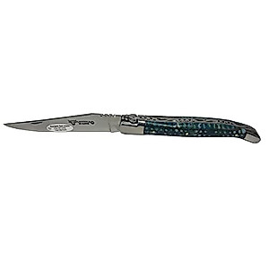 Laguiole en Aubrac Handmade Luxury Folding Pocket Knife, 4.8-in (12cm), Turquoise & Black Paper Waves Handle, Hand Forged Bee, Stainless Steel Shiny Bolsters