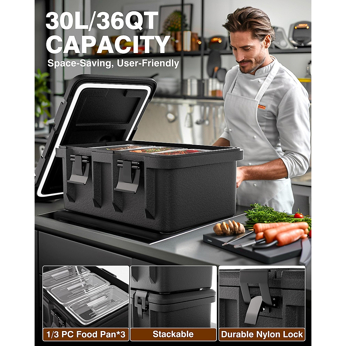 PYY Insulated Food Pan Carrier - 36QT Hot Box Food Warmer Box Stackable Top Load LLDPE Commercial Food Warmers with Three 1/3 Size PC Food Pans 4 Buckles for Restaurant Canteen Buffet Party Black