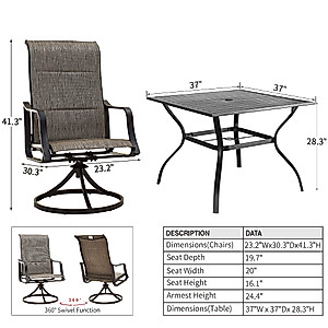 PatioFestival Patio Dining Set 5 Pieces Metal Outdoor Furniture Sets Outside Square Table Swivel Rocker Chairs with All Weather Frame (Grey)
