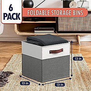 Ornavo Home Foldable Collapsible Storage Box Bins Linen Fabric Shelf Basket Cube Organizer with Leather Handles - Set of 6 - 13 x 13 x 13 - White/Gray