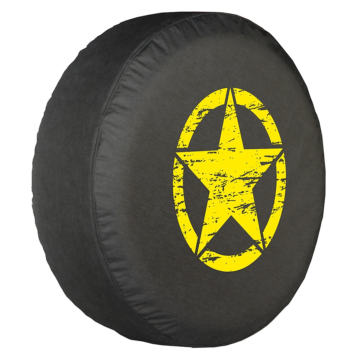 Boomerang - 32" Distressed Star - Spare Tire Cover - (Black Denim Vinyl) for Jeep Wrangler JK (2007-2018) - Yellow Print - Made in The USA