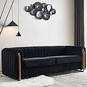 CALABASH Velvet Couches for Living Room,84 Inch Big Comfy Modern Sofa Couch Upholstered Sofa with Gold Metal Legs 3-Seater Decor Furniture for Bedroom Apartment(Black)