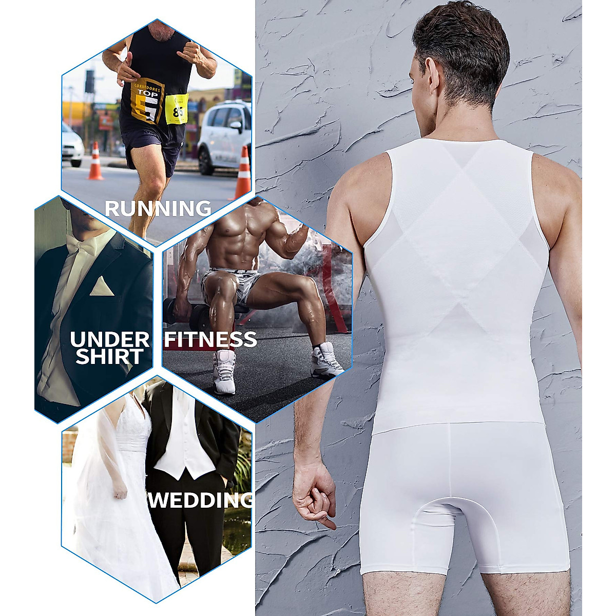 Vaslanda Men Slimming Body Shaper Vest Chest Compression Shirt Tight Undershirt Shapewear Tank Top Moobs Binder Zipper White