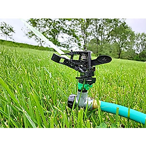 Pulsating, Impact Sprinkler with Stand (Spike) Pack of 2, for Garden Lawn and Yard by APT, Features Stainless Steel Fulcrum Pin Package Includes 2 pcs Hose connectors