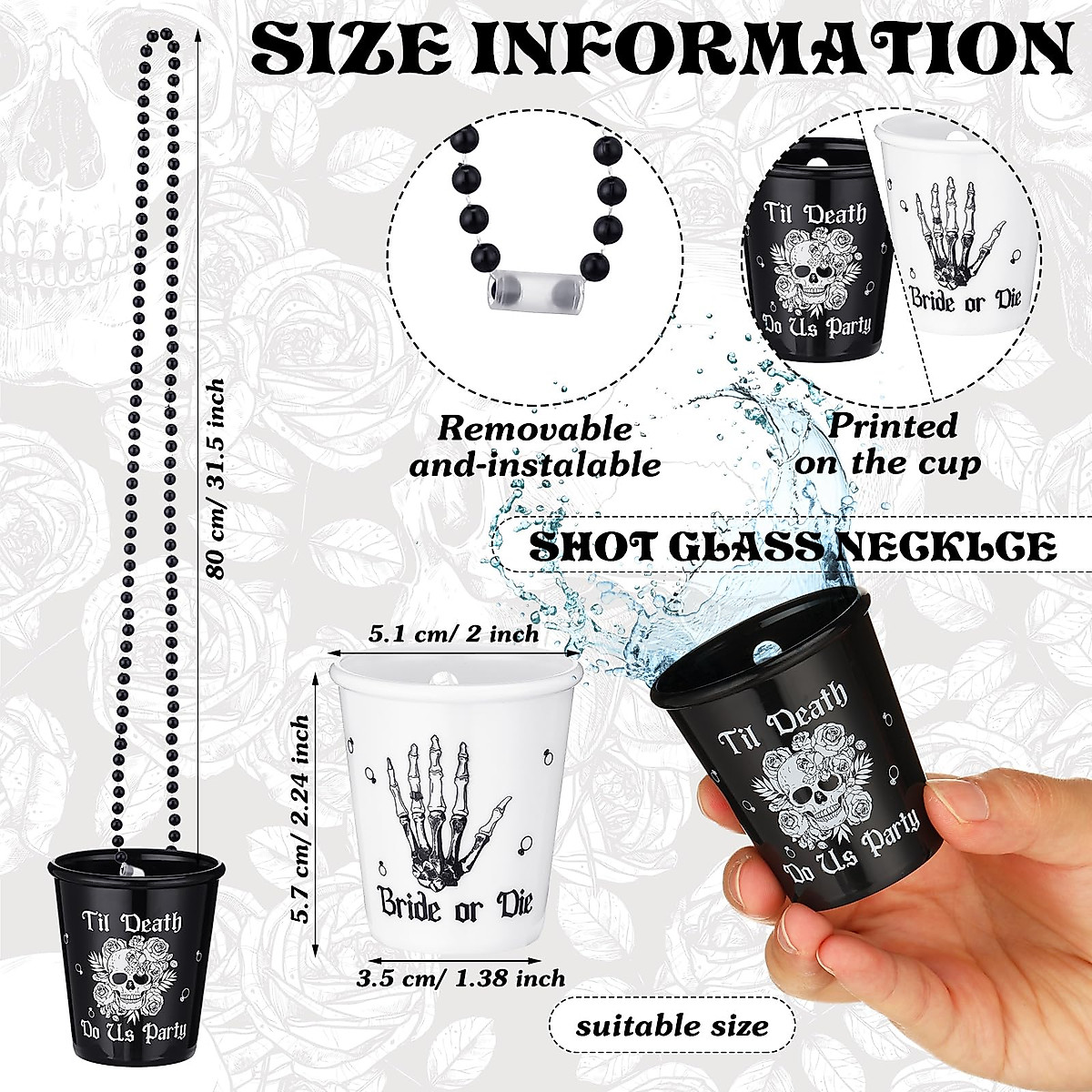 12 Pcs Bride or Die Bachelorette Party Shot Glass Beaded Necklace Till Death Do Us Party Plastic Shot Glass Halloween Gothic Skull Cup Decor for Wedding Bridal Shower Bachelorette Party Supplies