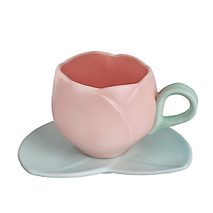 Koythin Ceramic Coffee Mug with Saucer Set, Creative Tulip Cup Unique Irregular Design for Office and Home, Dishwasher and Microwave Safe, Cute Cup for Latte Tea Milk (9.5oz, Pink)