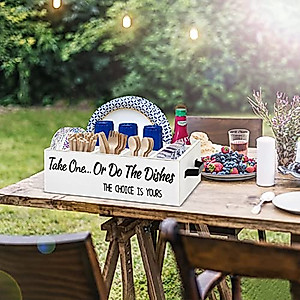 Kitchen Countertop Paper Plate Holders Utensil Caddy, Wood Utensil Holder Organizer for Plate Cup Fork Knives Spoon Napkin, Silverware Caddy Holder Condiment Caddy Organizer for Party Camping BBQ