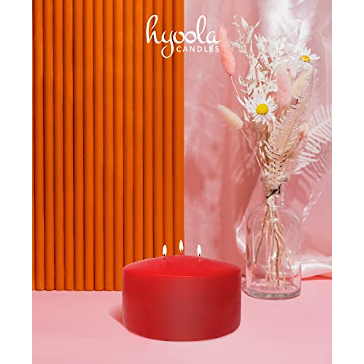 HYOOLA Red Three Wick Large Candle - 6 x 3 Inch - Unscented Big Pillar Candles - 62 Hour - European Made