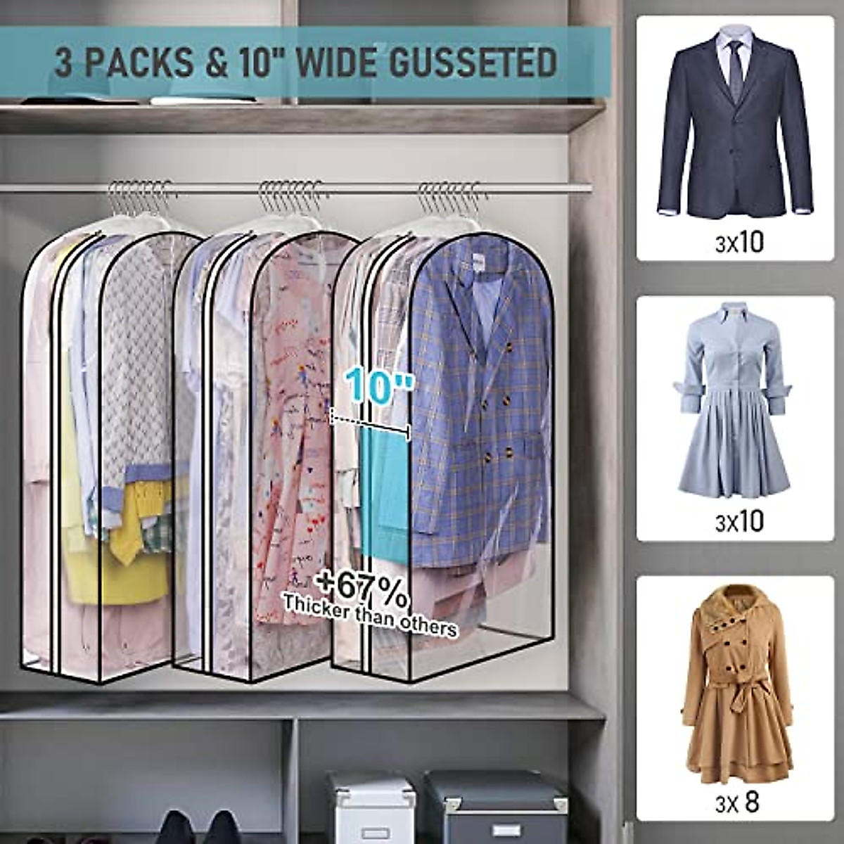 MISSLO 10" Gusseted All Clear Garment Bags for Hanging Clothes 40" Suit Bags for Closet Storage Hanging Clothes Storage Bags for Shirts, Coats, Dresses, 3 Packs
