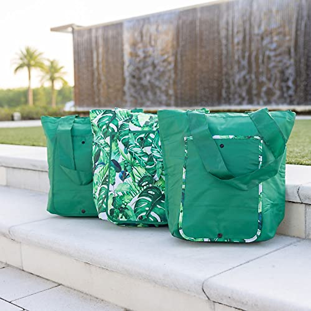 Sachi 3 Piece Market Tote Set – Insulated Thermal Reusable Grocery Bags for Cold and Hot Foods – Lightweight, Portable and Fold-able (Green Tropical Leaf)