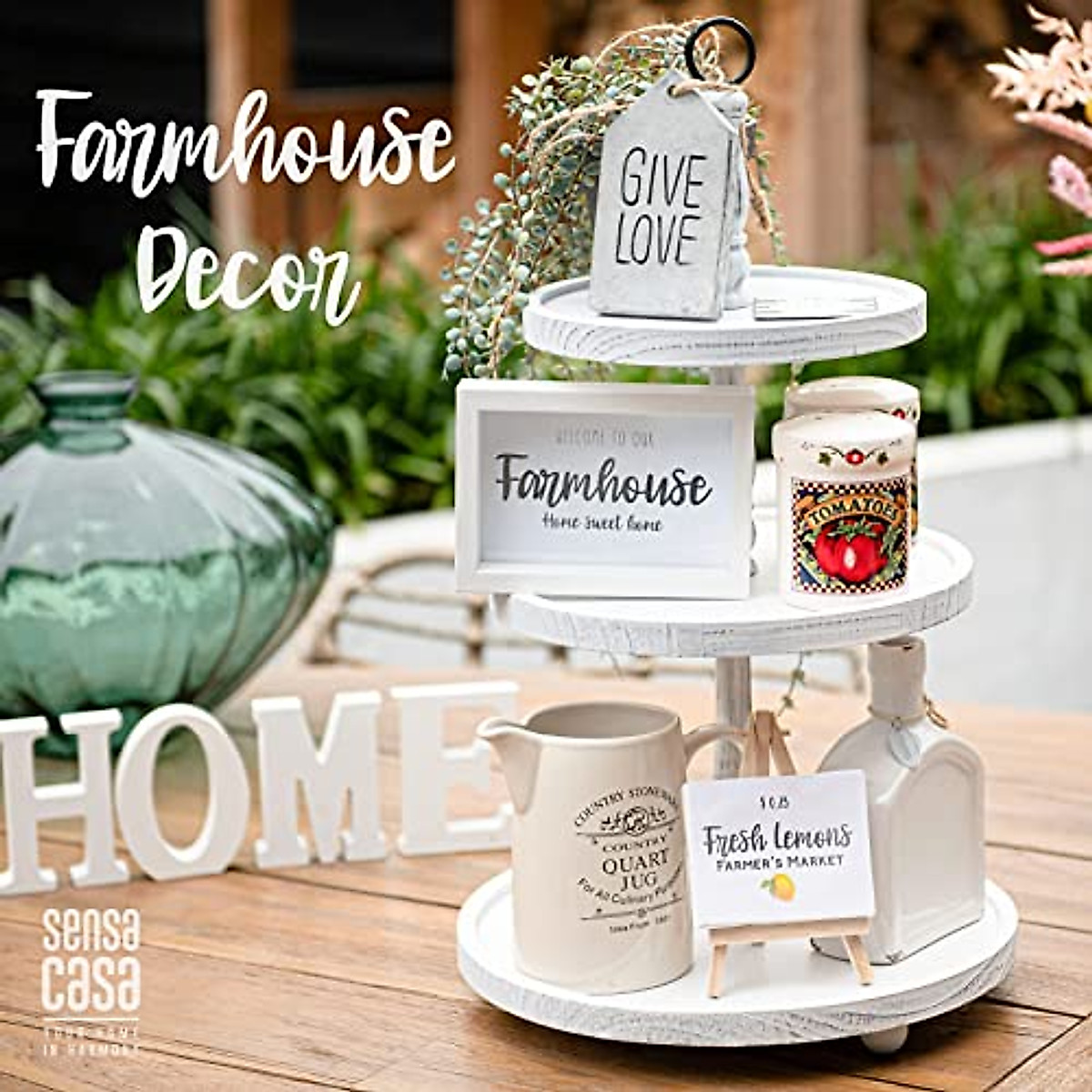 SensaCasa Farmhouse Tiered Tray – 3 Tier Tray – Rustic White Three Tier Tray - Wooden Farmhouse Kitchen Decor – 3 Tier Serving Trays – Wood Round Tiered Stand